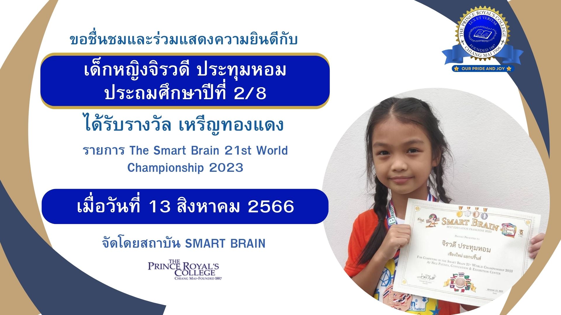 เด็กหญิงจิรวดี ประทุมหอม ชั้นประถมศึกษาปีที่ 2/8 ได้รับรางวัลเหรียญ ...